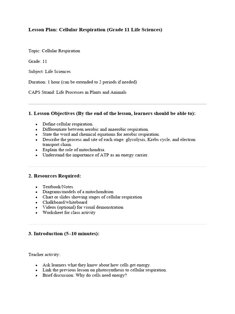 Cellular Respiration Lesson Plan | PDF | Cellular Respiration ...