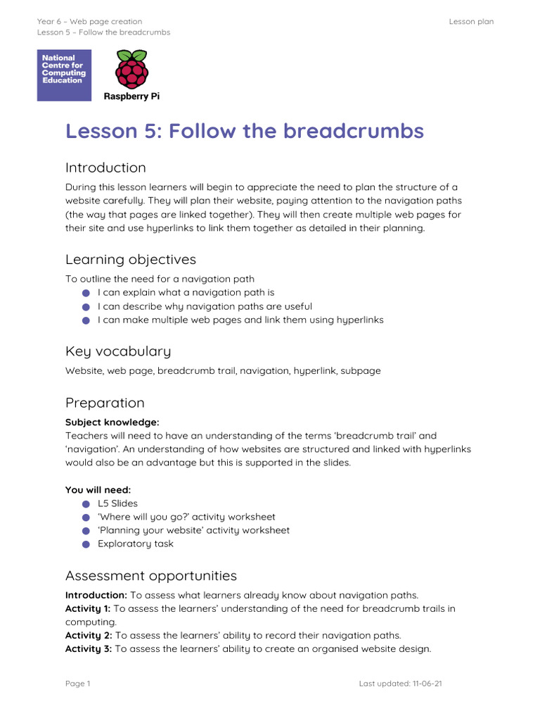 L5 Lesson Plan - Web Page Creation - Y6 | PDF | Hyperlink | Lesson Plan