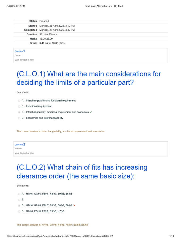 Final Quiz - Attempt Review - BK-LMS | PDF | Engineering Tolerance | Mechanical Engineering