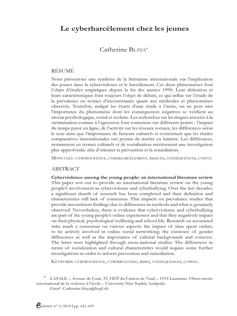 Cyberharcèlement chez les jeunes : enjeux et impacts | PDF ...