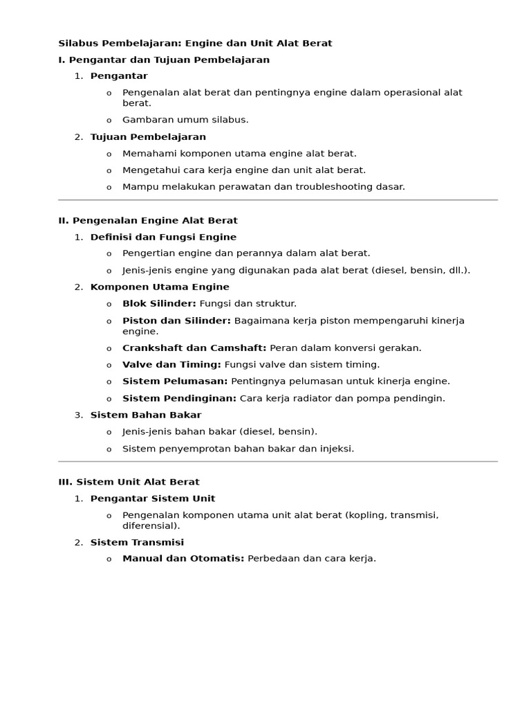 Silabus Pembelajaran Engine Dan Unit Alat Berat | PDF