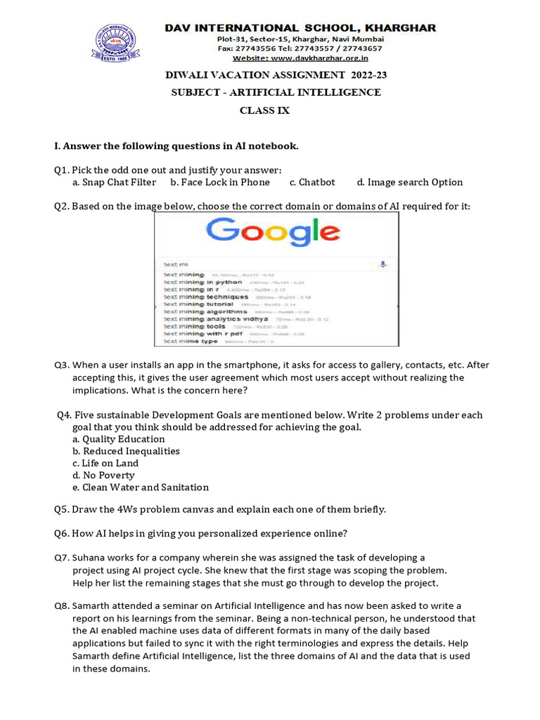 Ai Vacation Assignment Class Ix | PDF