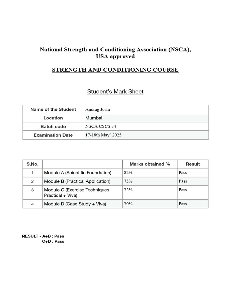 Anuraj Joshi CSCS Mark Sheet | PDF