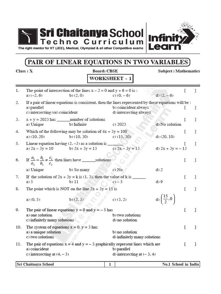 Pair of Linear Equations in Two Variables Work Sheet - 1 | PDF ...