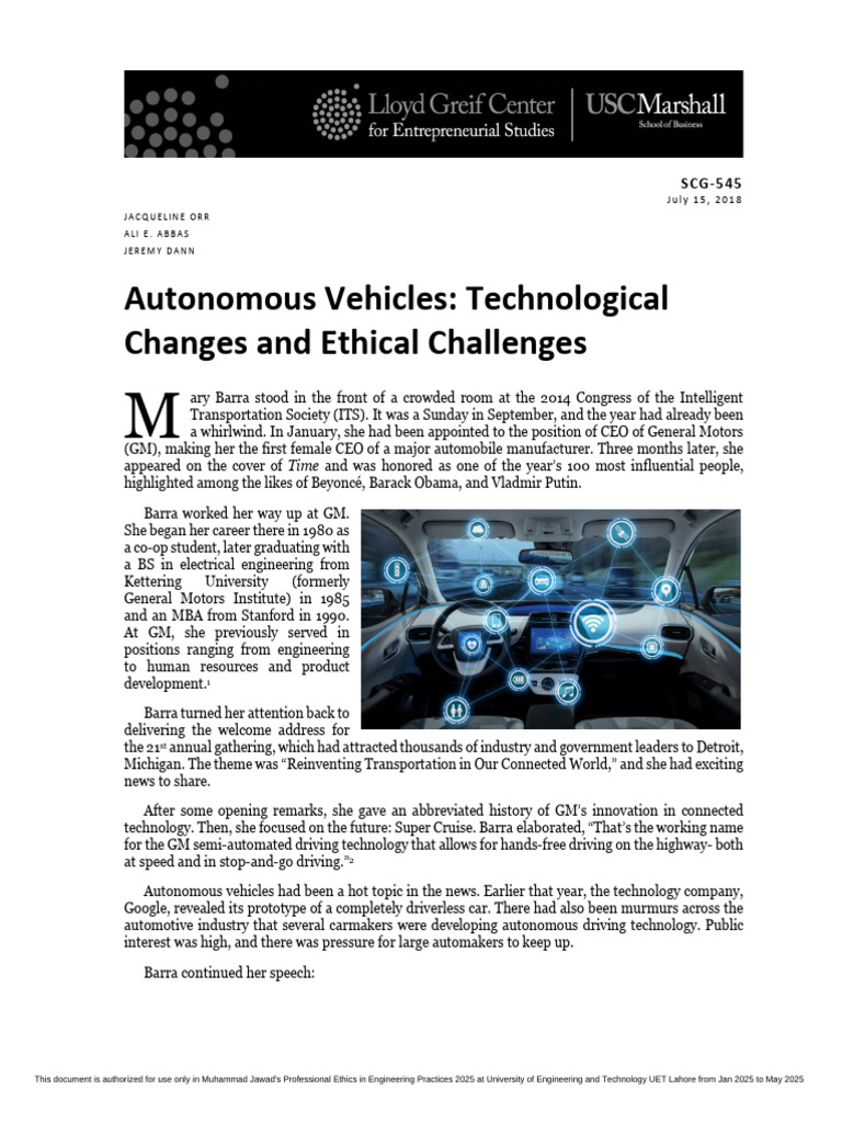 Case Study 1 - Autonomous Vehicles, Technological Changes and Ethical ...