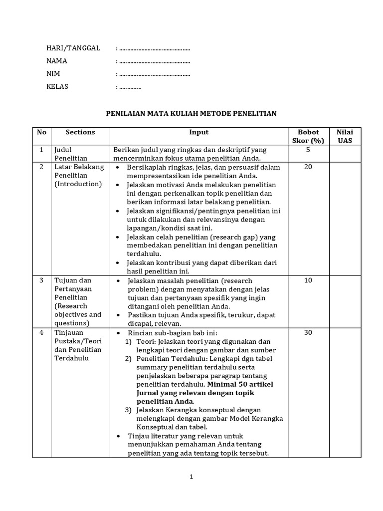 Format Penilaian UAS METOPEN (Kls Reguler) | PDF