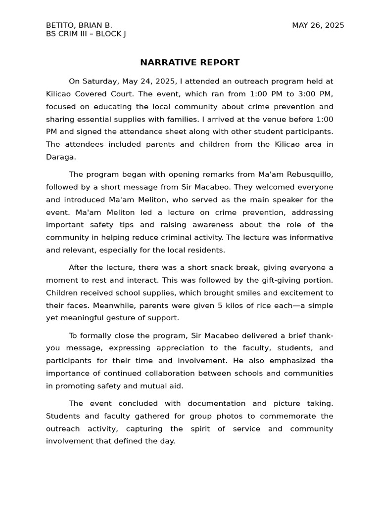 NARRATIVE REPORT (Outreach) | PDF