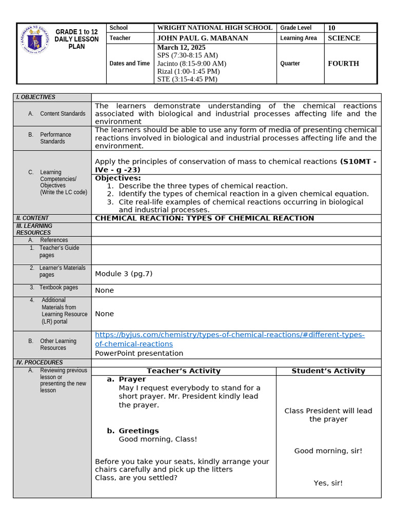 Types of Chemical Reactions Lesson Plan | PDF | Combustion | Chemical ...