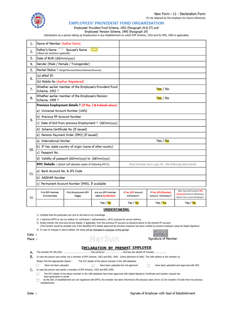 Form 11 - EPF & EPS Declaration Form - Feb'23 | PDF | Authentication ...