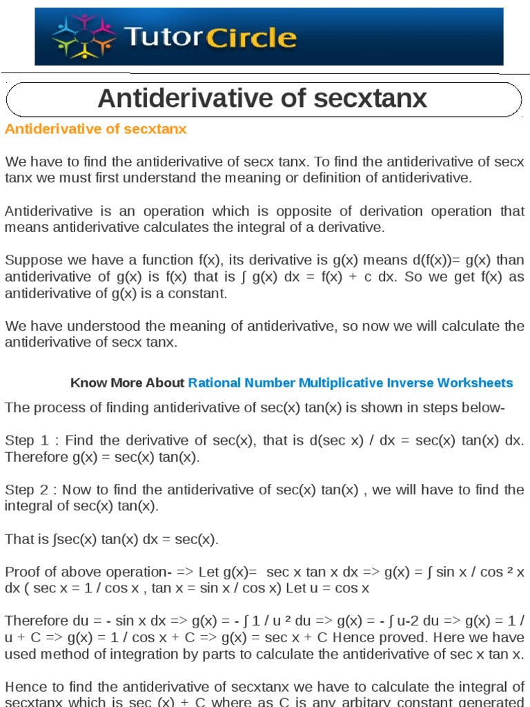 Anti Derivative of Secxtanx | PDF | Trigonometric Functions | Integral