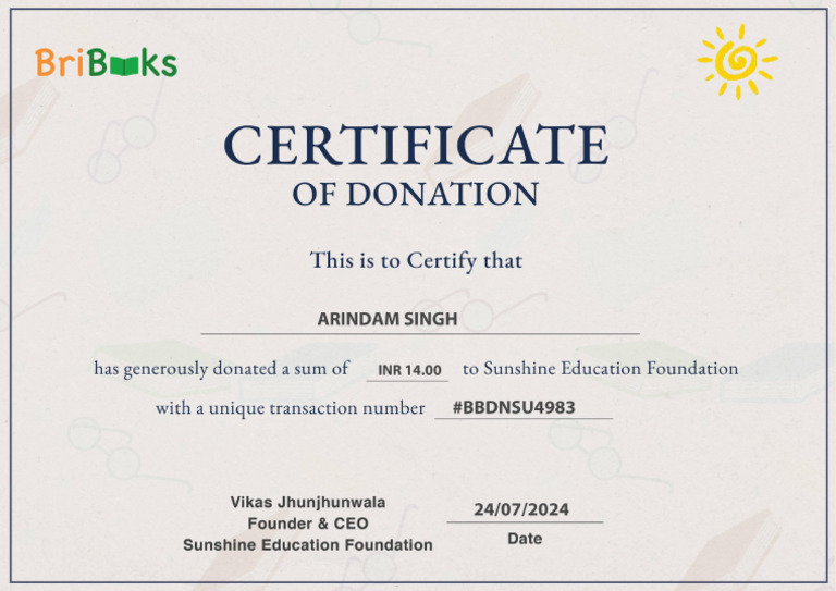 Sunshine Foundation Certificate 433974 4983 | PDF
