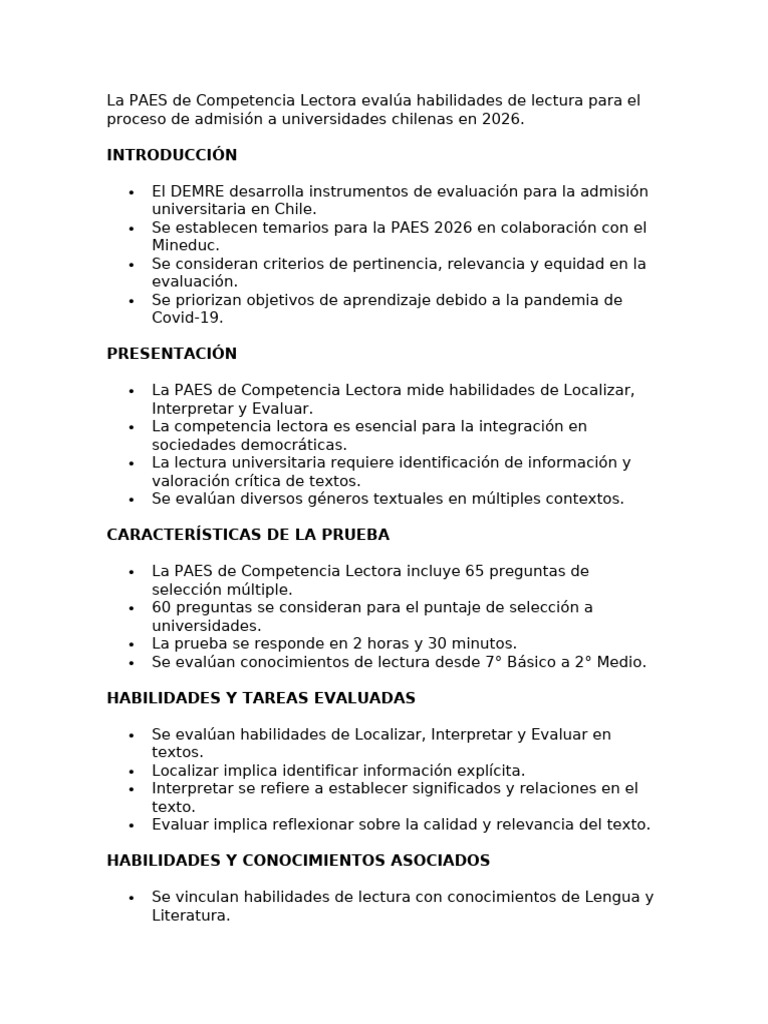 La PAES de Competencia Lectora Evalúa Habilidades de Lectura para El Proceso de Admisión A ...