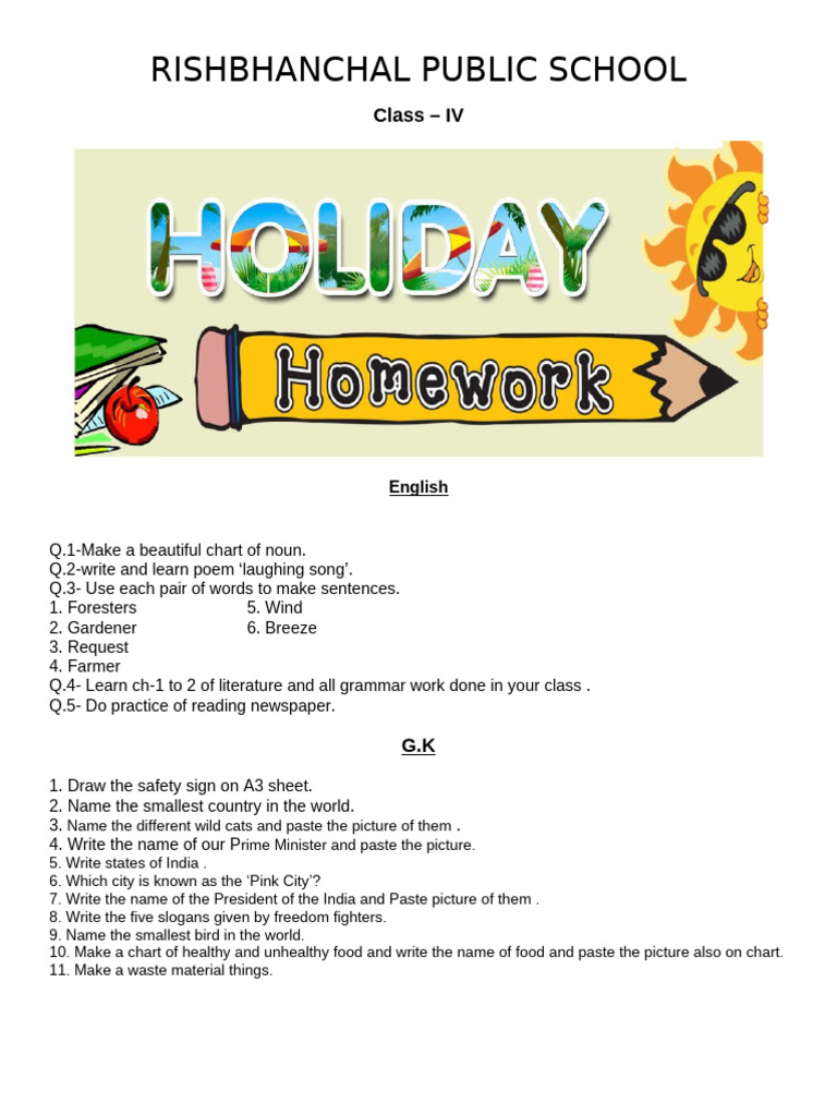 4th - Holiday - Homework (2025) | PDF