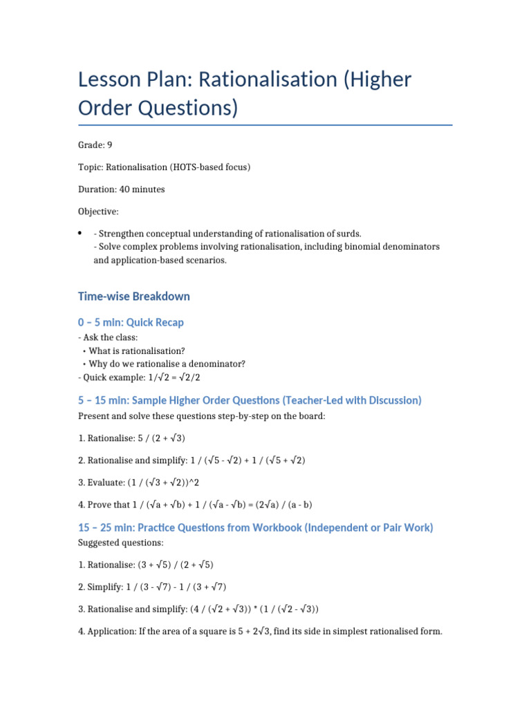 Lesson Plan Rationalisation Grade9 | PDF