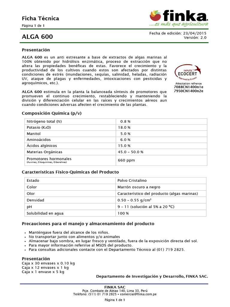 FT ALGA 600 (Versión 2.0) | PDF | Biología