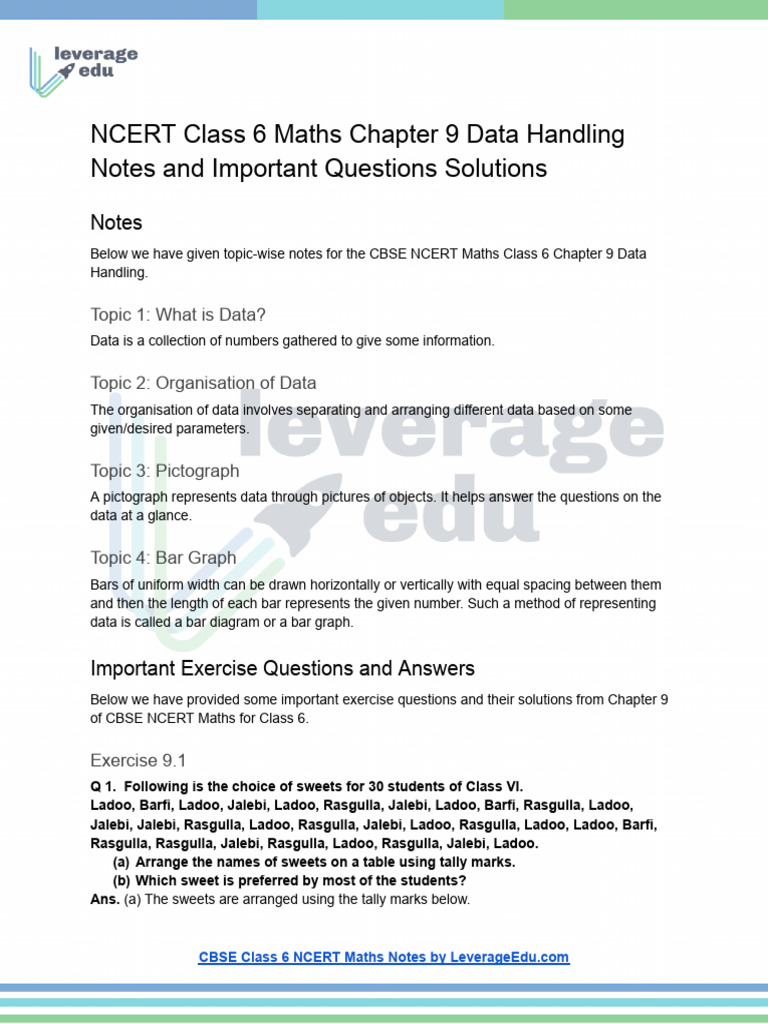 NCERT Class 6 Maths Chapter 9 Data Handling Notes and Important ...