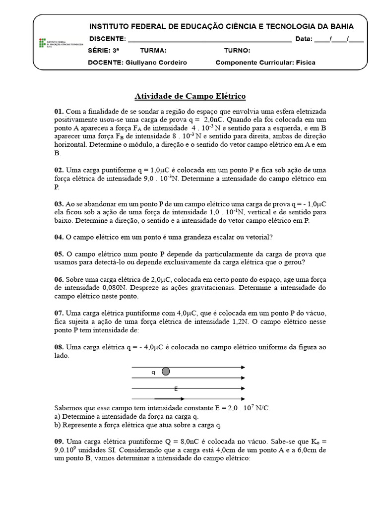 Atividade de Campo El-trico | PDF | Campo elétrico | Carga elétrica