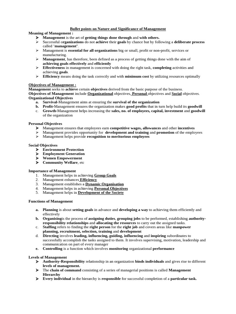 Bullet Points On Nature and Significance of Management | PDF | Science ...