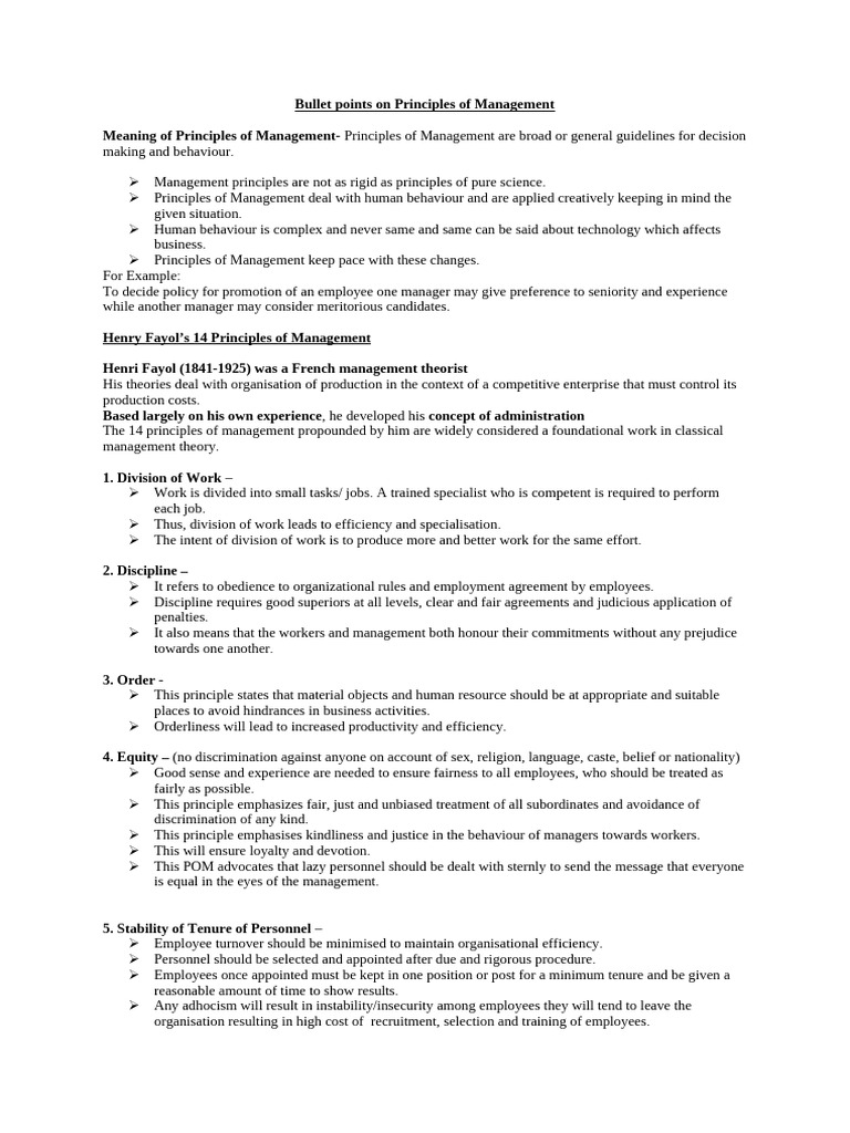 Bullet Points On Principles of Management | PDF | Cost Of Living | Business