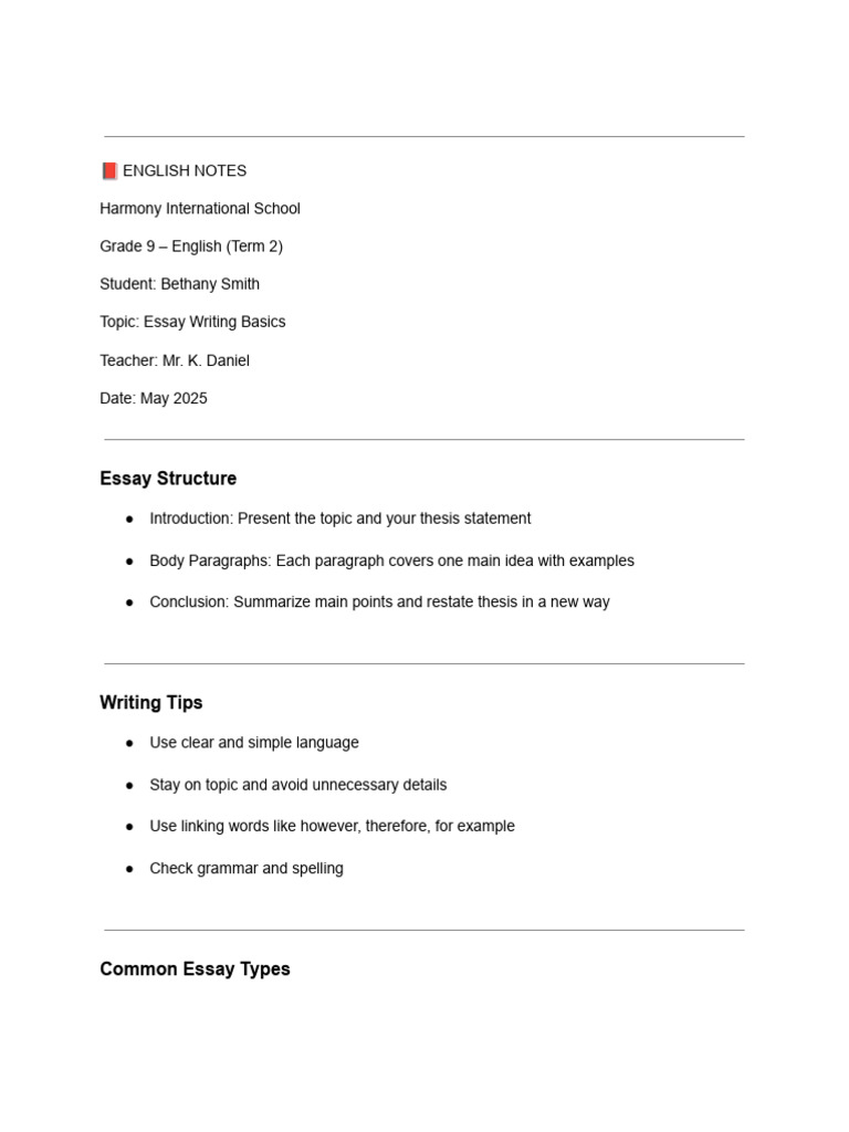 Grade 9 Essay Writing Guide | PDF