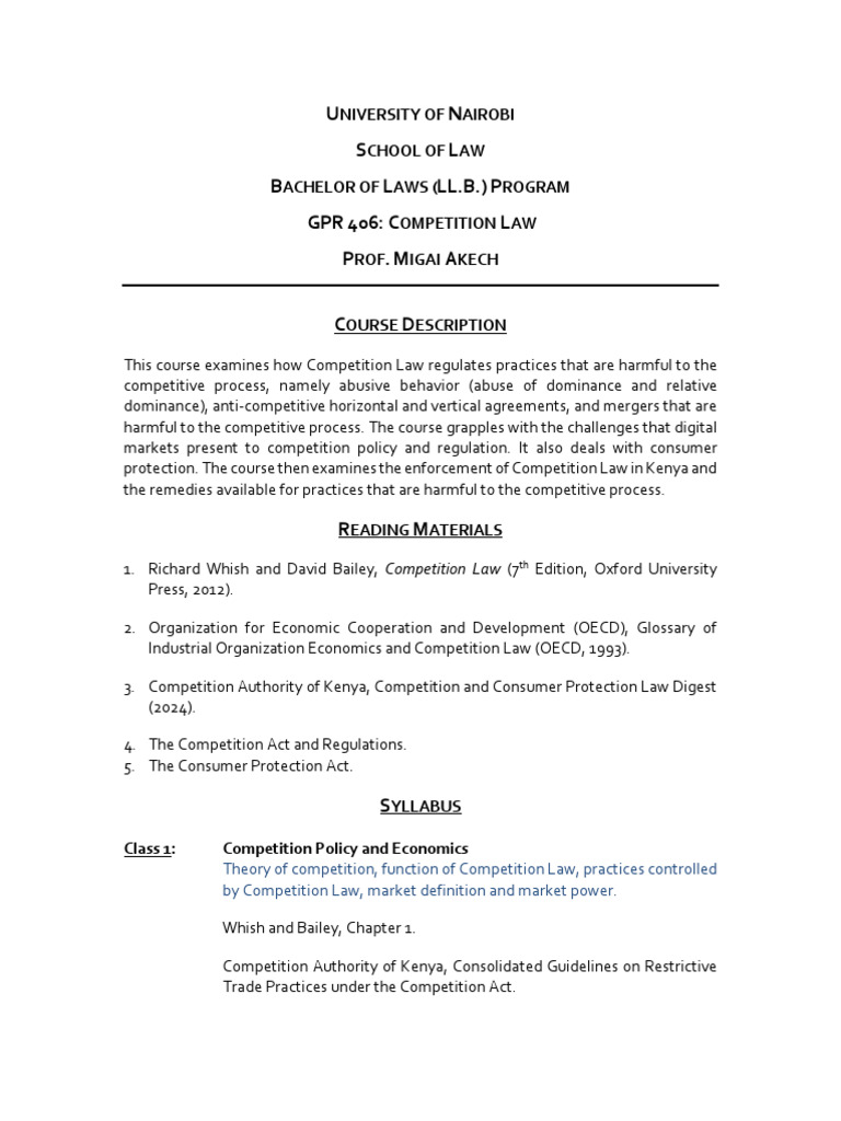 Competition Law Course Overview Kenya | PDF | Competition Law | Oligopoly