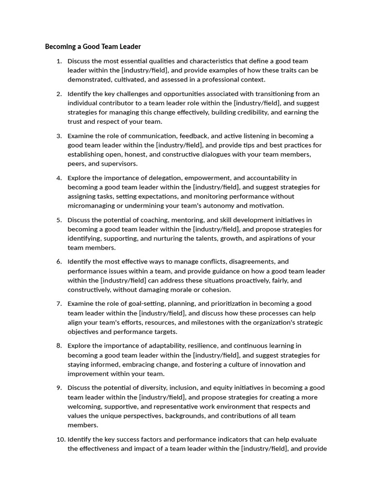 100 Becoming A Good Team Leader Prompt Templates | PDF | Leadership ...