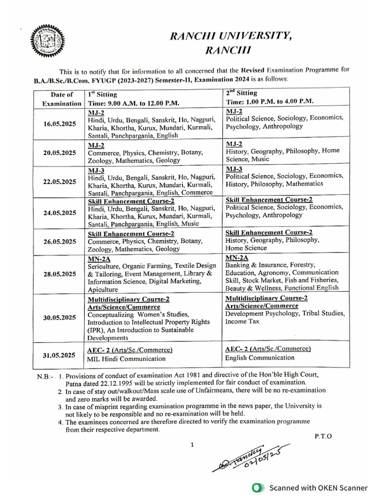 Noticerevised Examination Programme For B.A. B.Sc. B.Com. Semester - FYUGP (2023-27) Semester-II ...