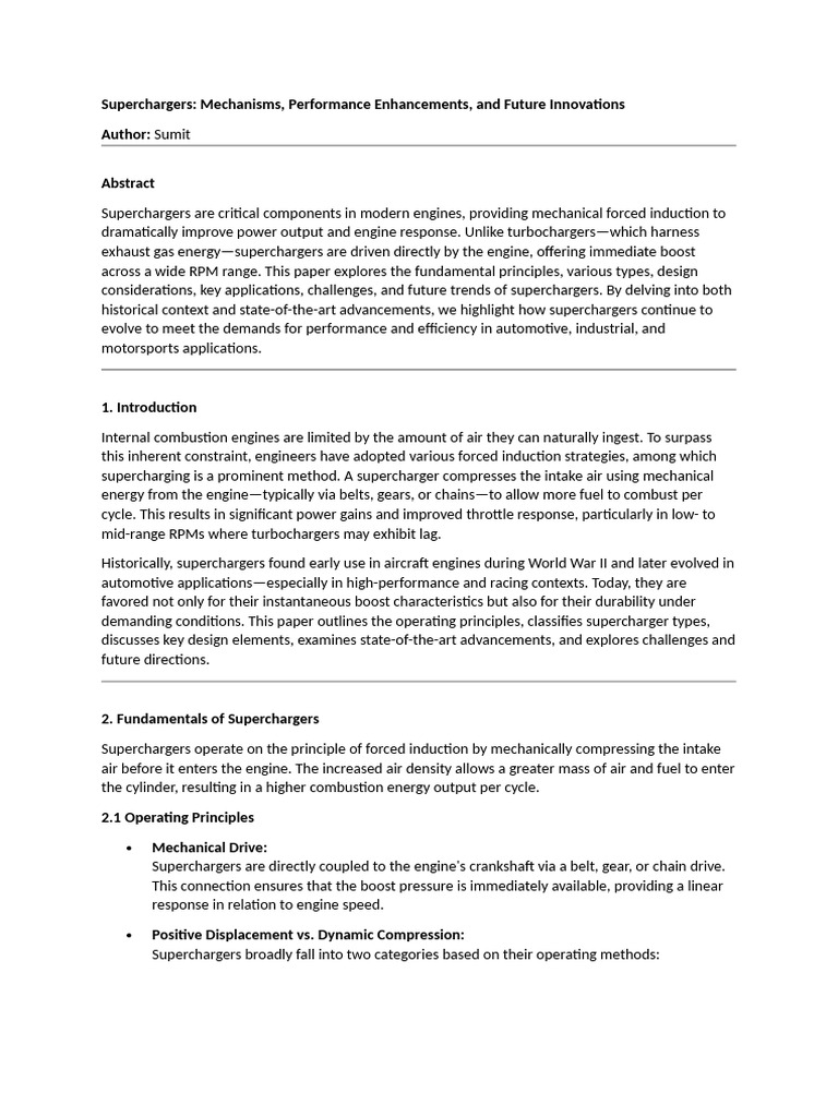 Superchargers Research Paper by Sumit | PDF | Turbocharger | Engines