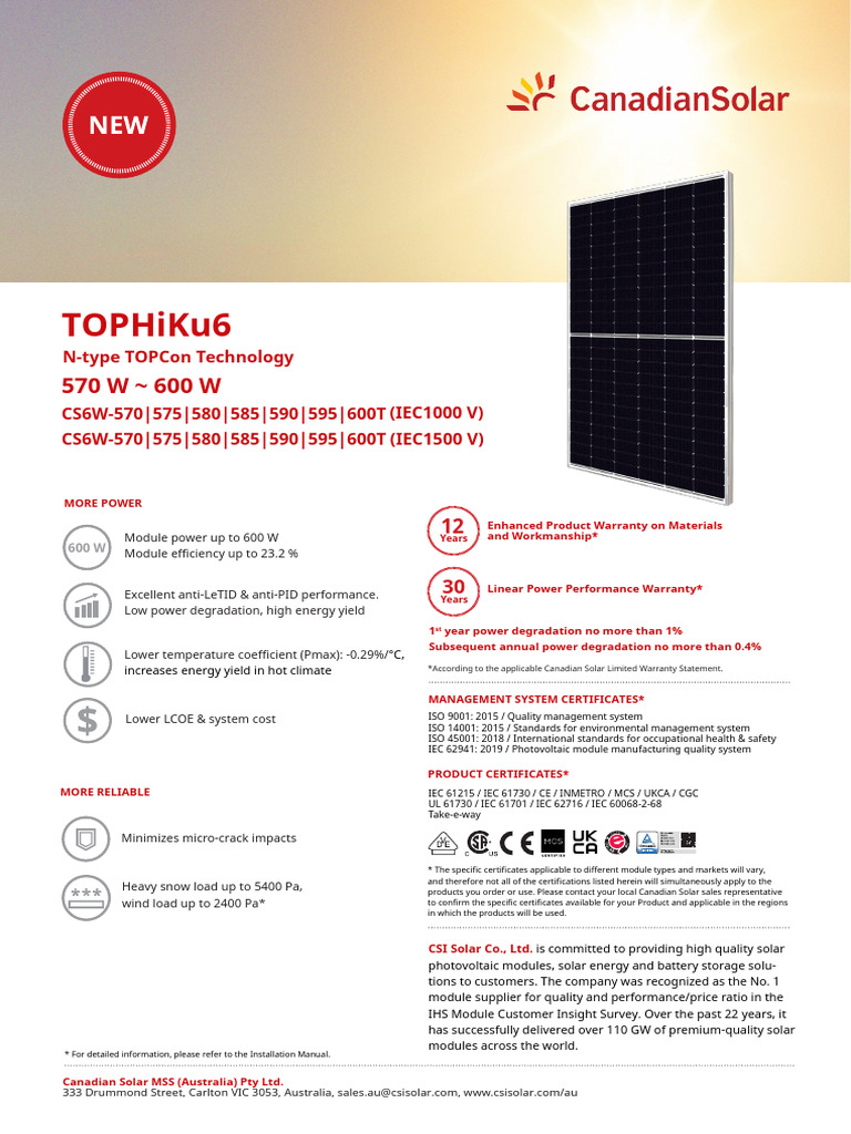 AU CEC - CS Datasheet 580 | PDF | Photovoltaics | Solar Panel
