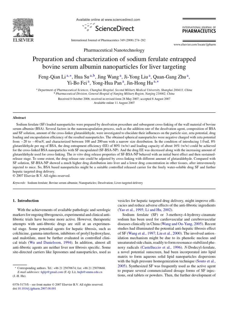Preparation and Characterization of Sodium Ferulate Entrapped Bovine ...