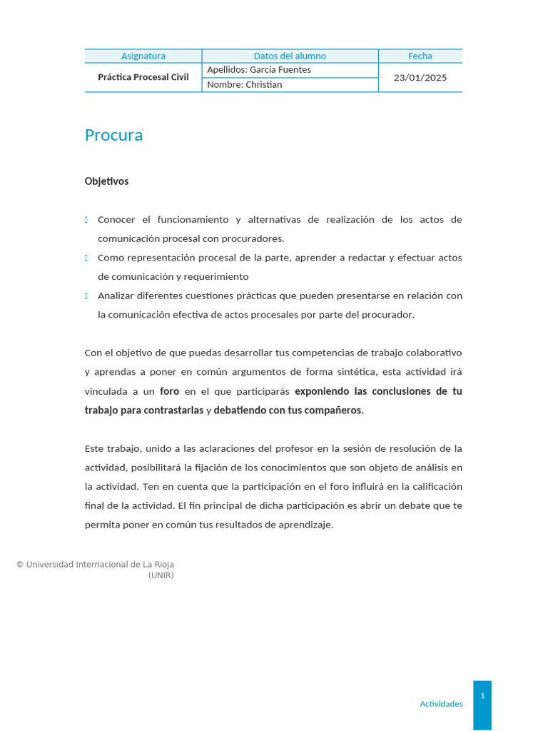 Actividad 3 Procura | PDF | Ley procesal | Demanda judicial