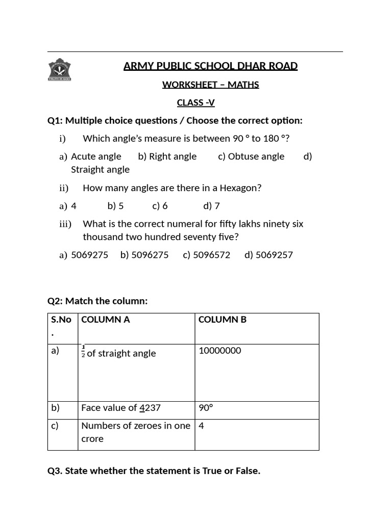 Maths Worksheet Class-5th | PDF