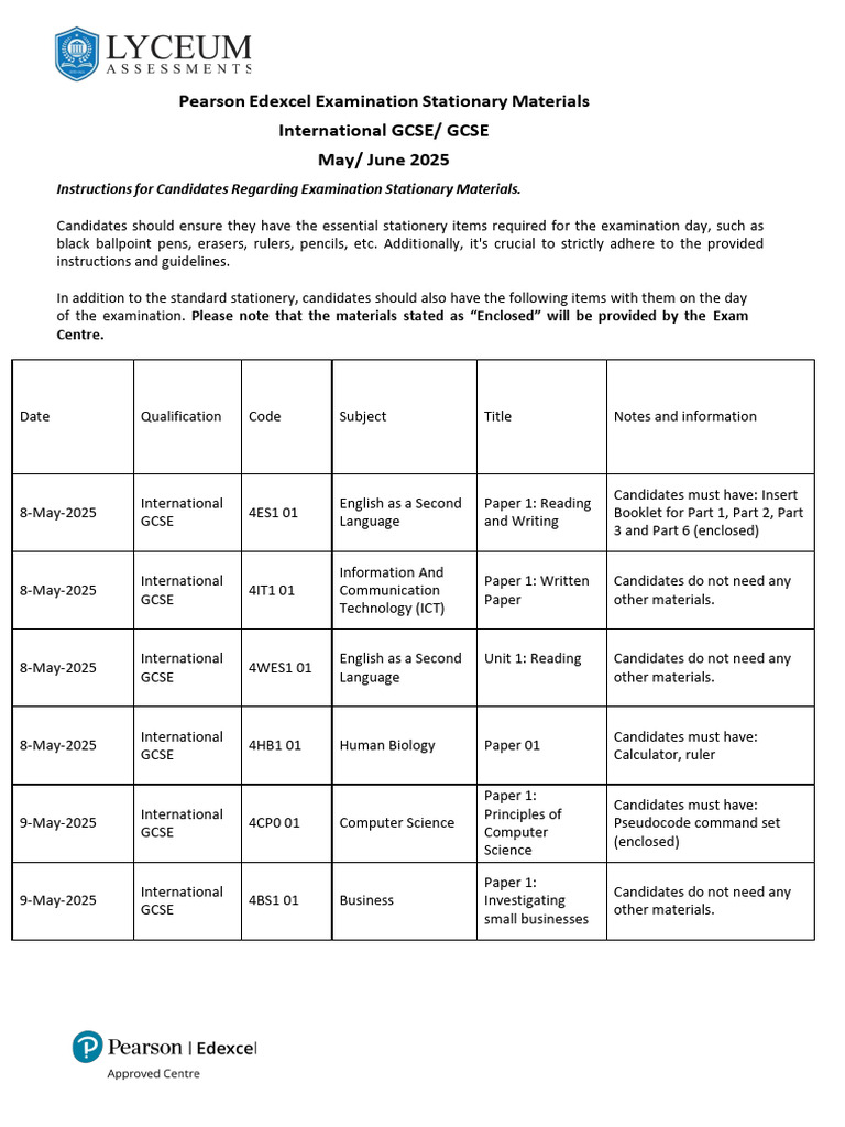 IG May 25 Pearson Edexcel Examination Stationary Materials 4 | PDF