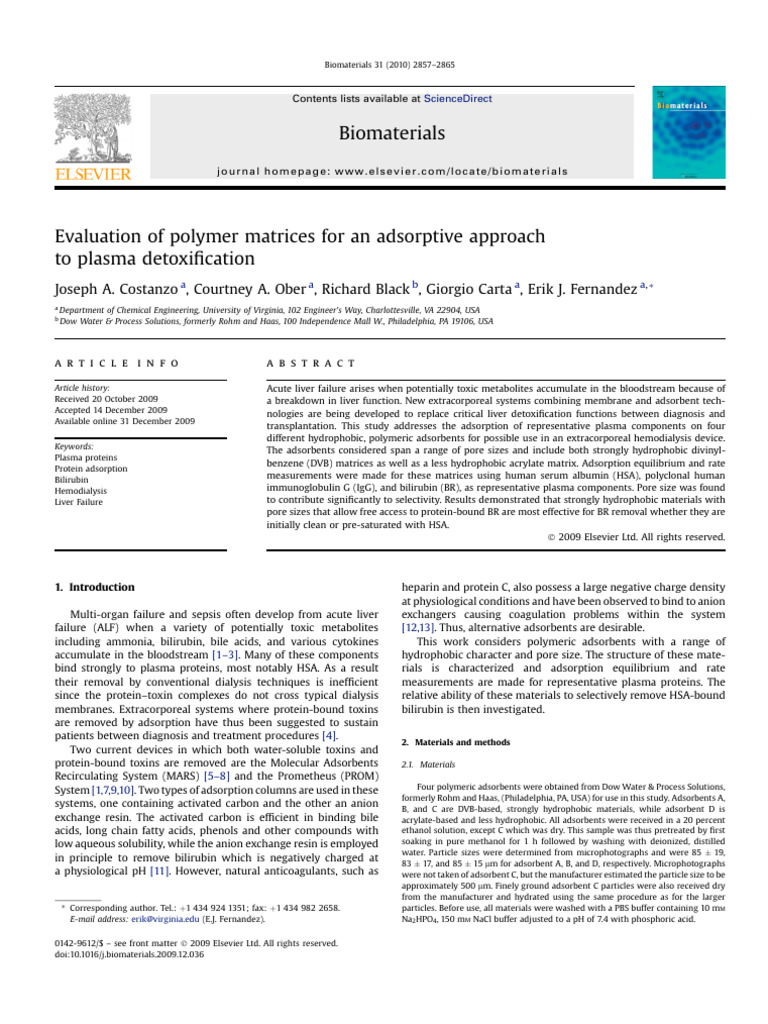 Biomaterials 2010 Costanzo Evaluation of Polymer Matrices For | PDF | Adsorption | High ...