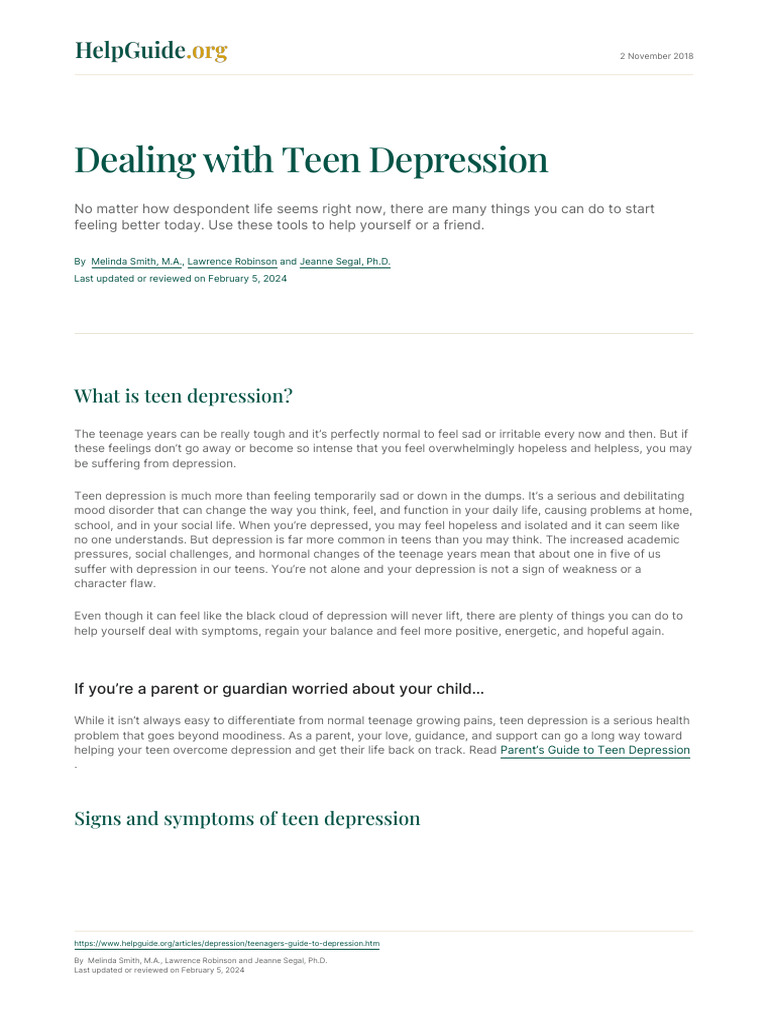 Dealing With Teen Depression | PDF | Anxiety | Major Depressive Disorder