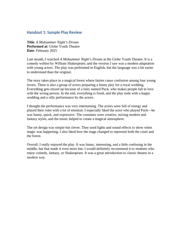 Play Review Lesson Handouts | PDF | A Midsummer Night's Dream