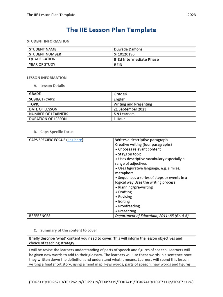 The IIE Lesson Plan English 3-2023 | PDF | Lesson Plan | Learning