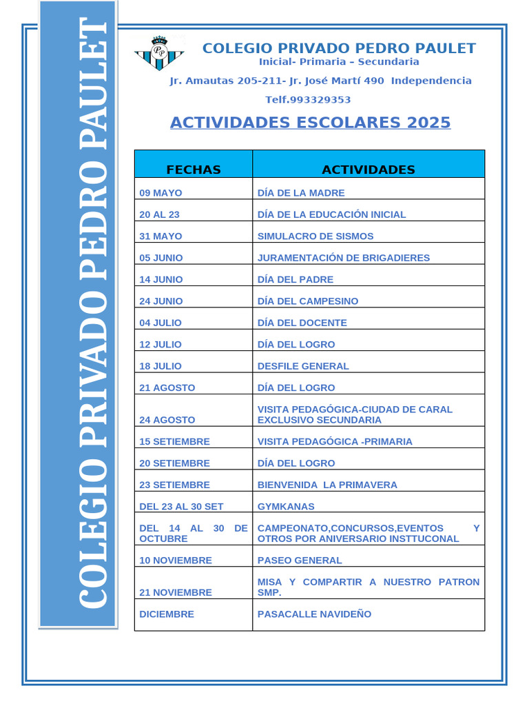 Actividades Escolares 2025 - Colegio Pedro Paulet | PDF | Enseñando ...