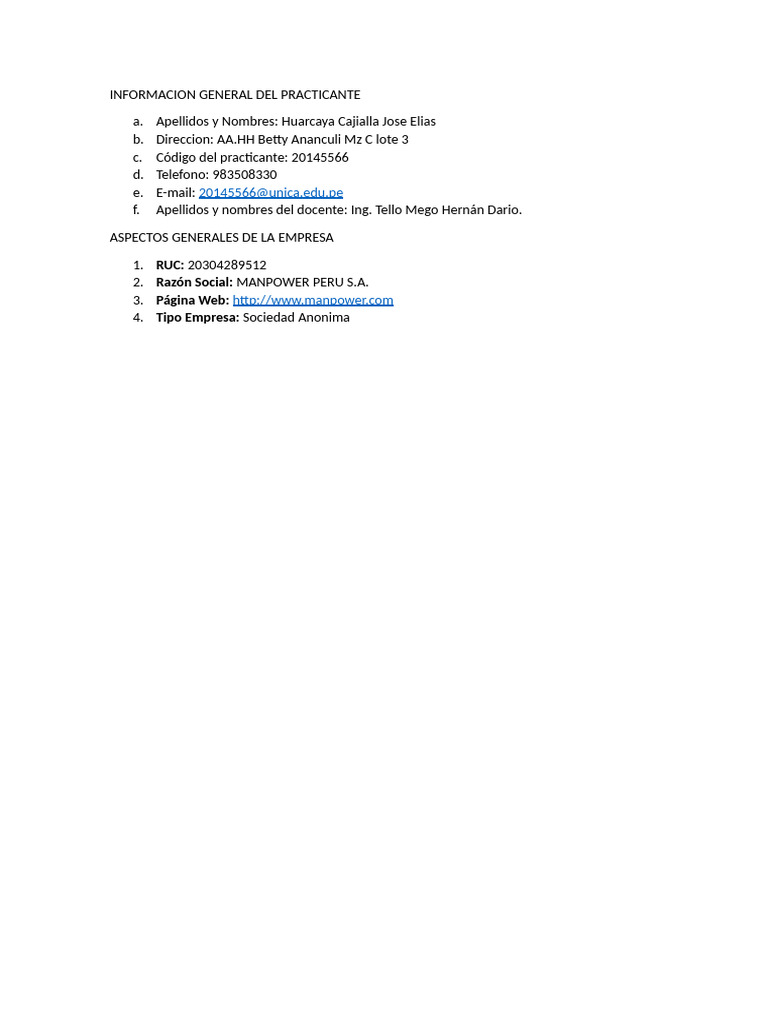 Datos del Practicante en Manpower Perú | PDF