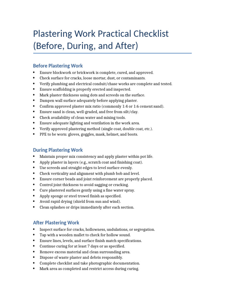 Plastering Work Quality Control Checklist | PDF