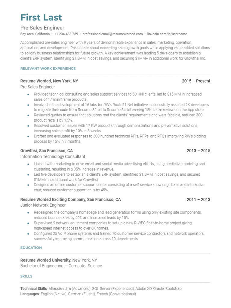 Pre Sales Engineer Template 14 | PDF | Sales | Enterprise Resource Planning