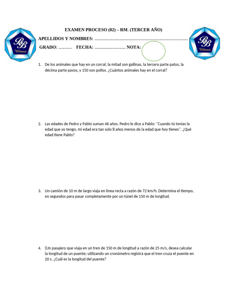 Segundo - Examen Proceso - 3° - RM | PDF