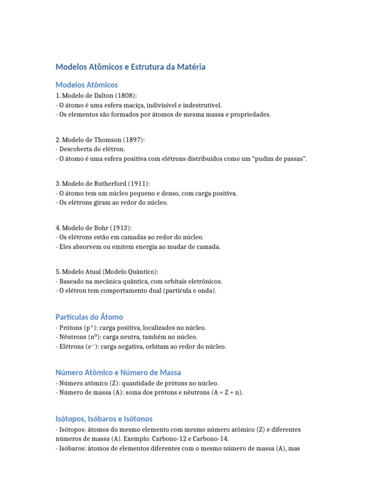 Resumo Quimica Modelos Atomicos | PDF