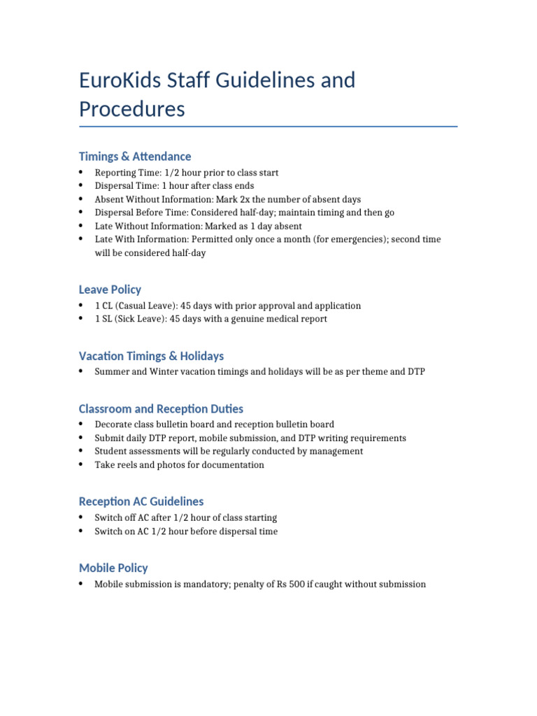EuroKids Staff Guidelines & Procedures | PDF