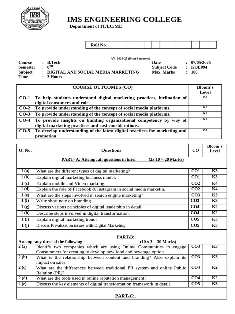 PUT - Question Paper Template - K - Series | PDF | Digital Marketing ...