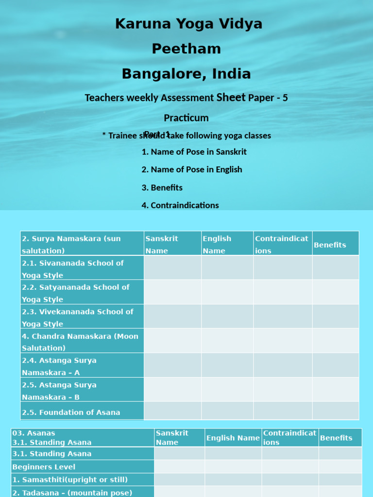 Karuna Yoga Vidya Peetham Bangalore, India Teachers Weekly Assessment ...