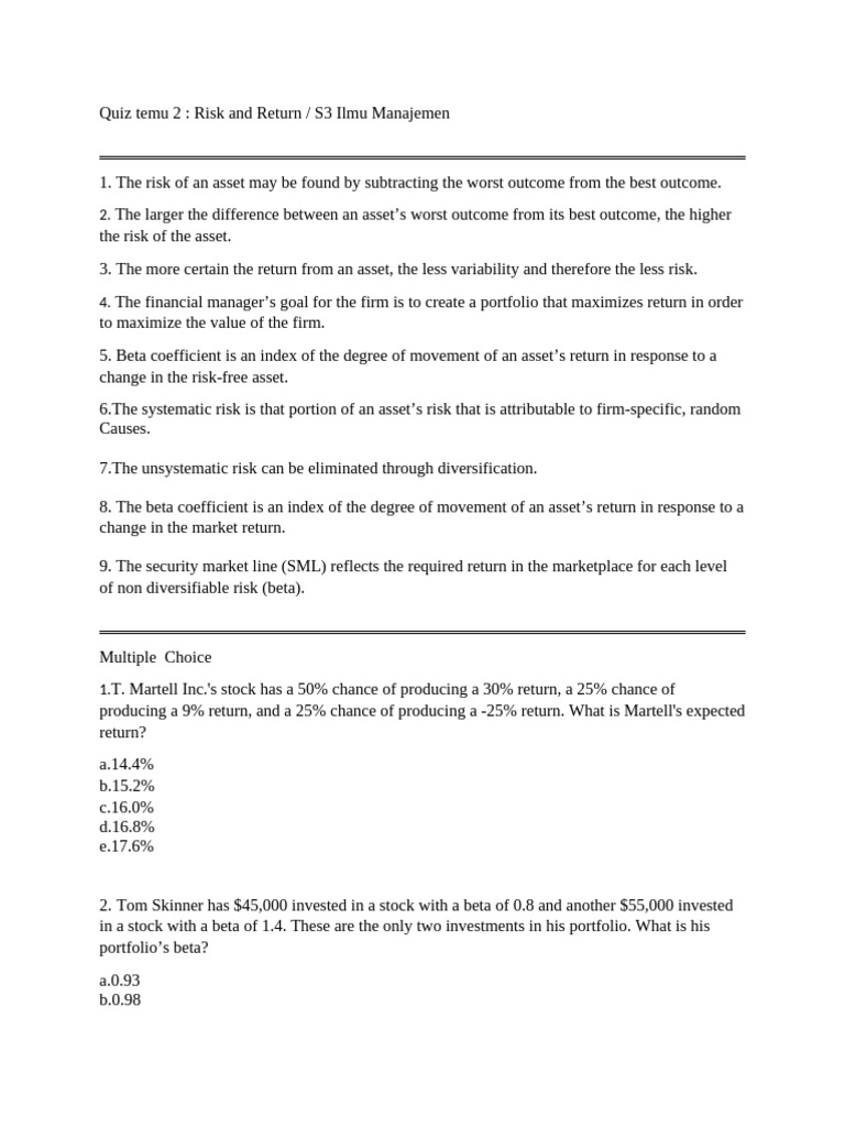Quiz Risk Return S3 Sstudent | PDF | Beta (Finance) | Capital Asset ...