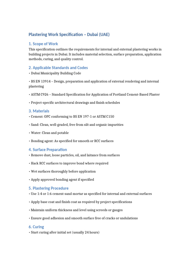 Plastering Work Specification Dubai | PDF