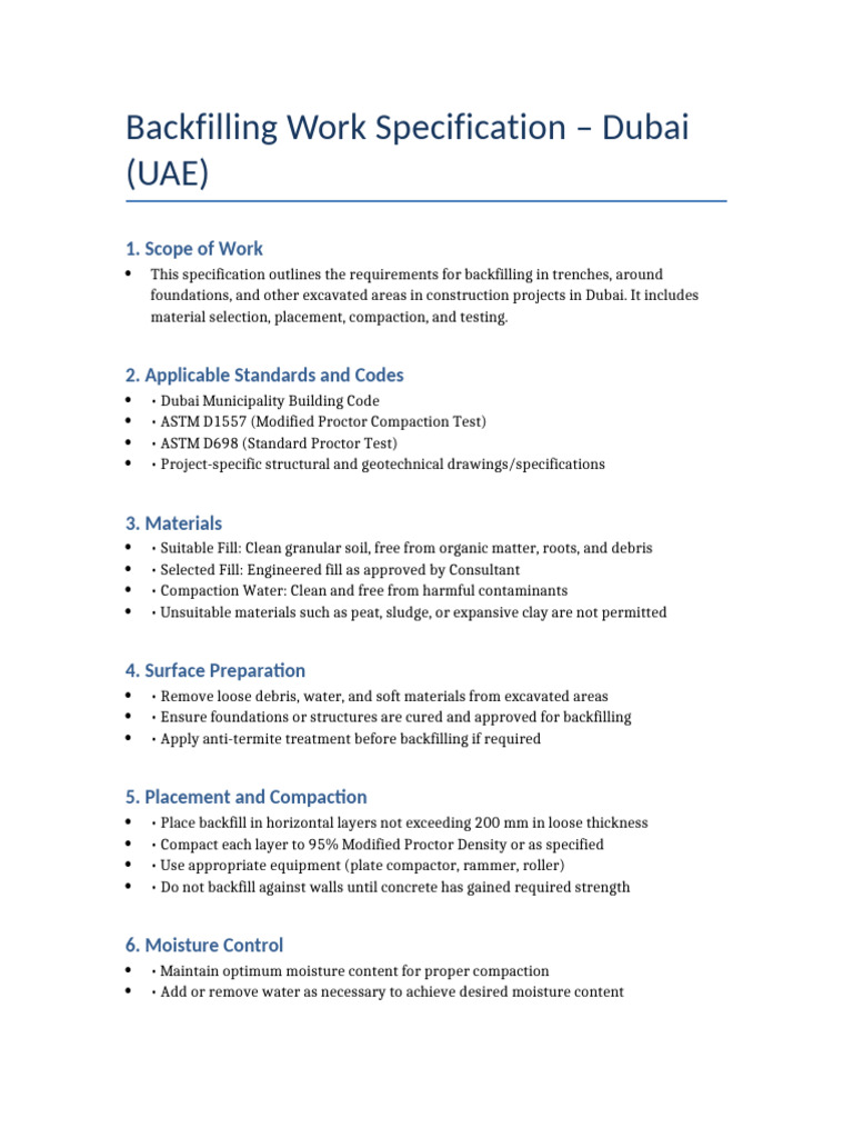 Backfilling Work Specification in Dubai | PDF