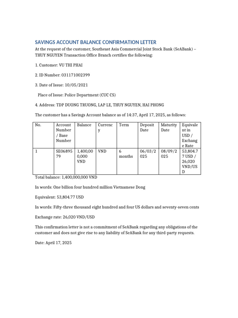 Savings Account Balance Confirmation | PDF